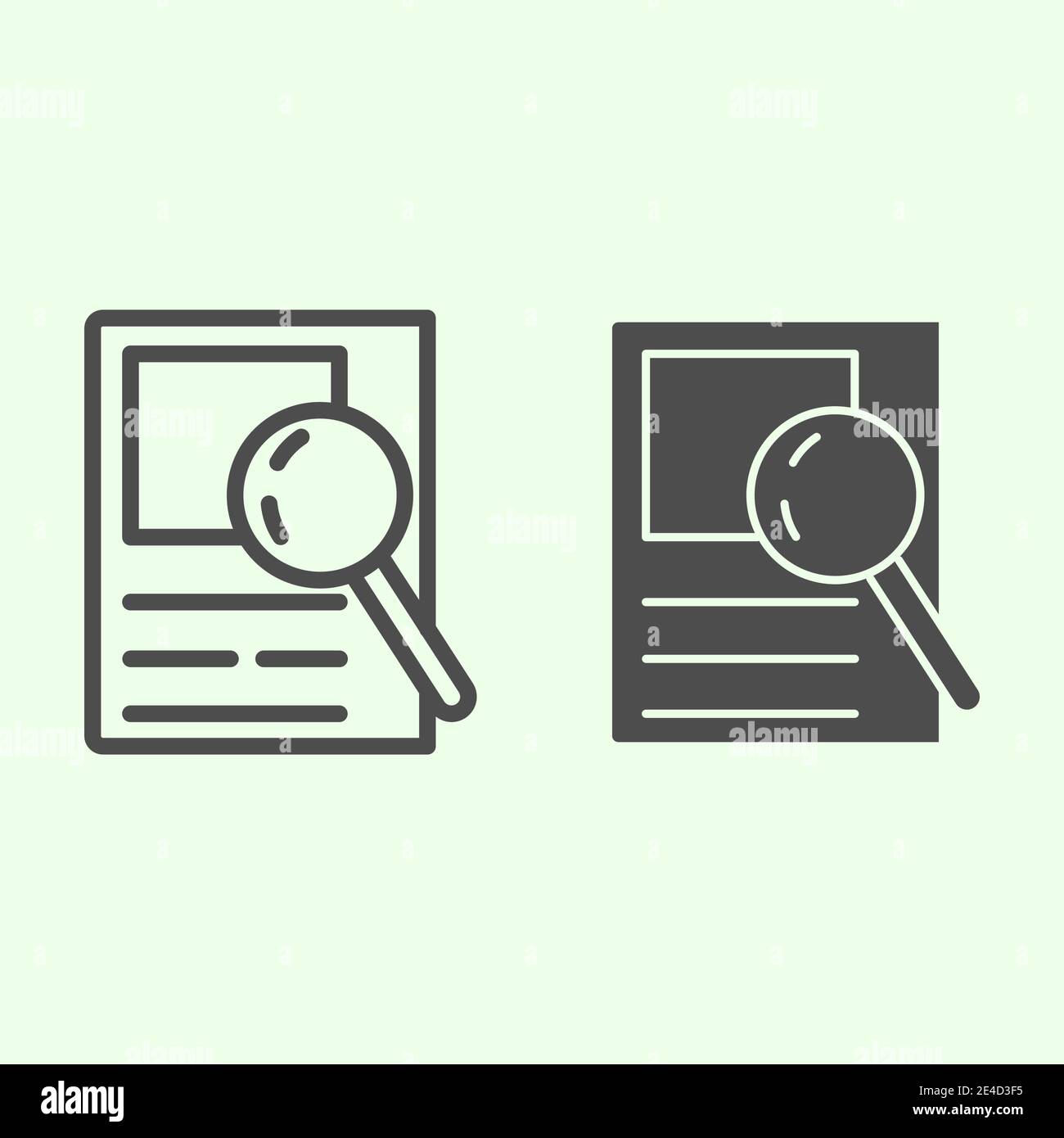 Search line and solid icon. Data searching document and magnifier ...