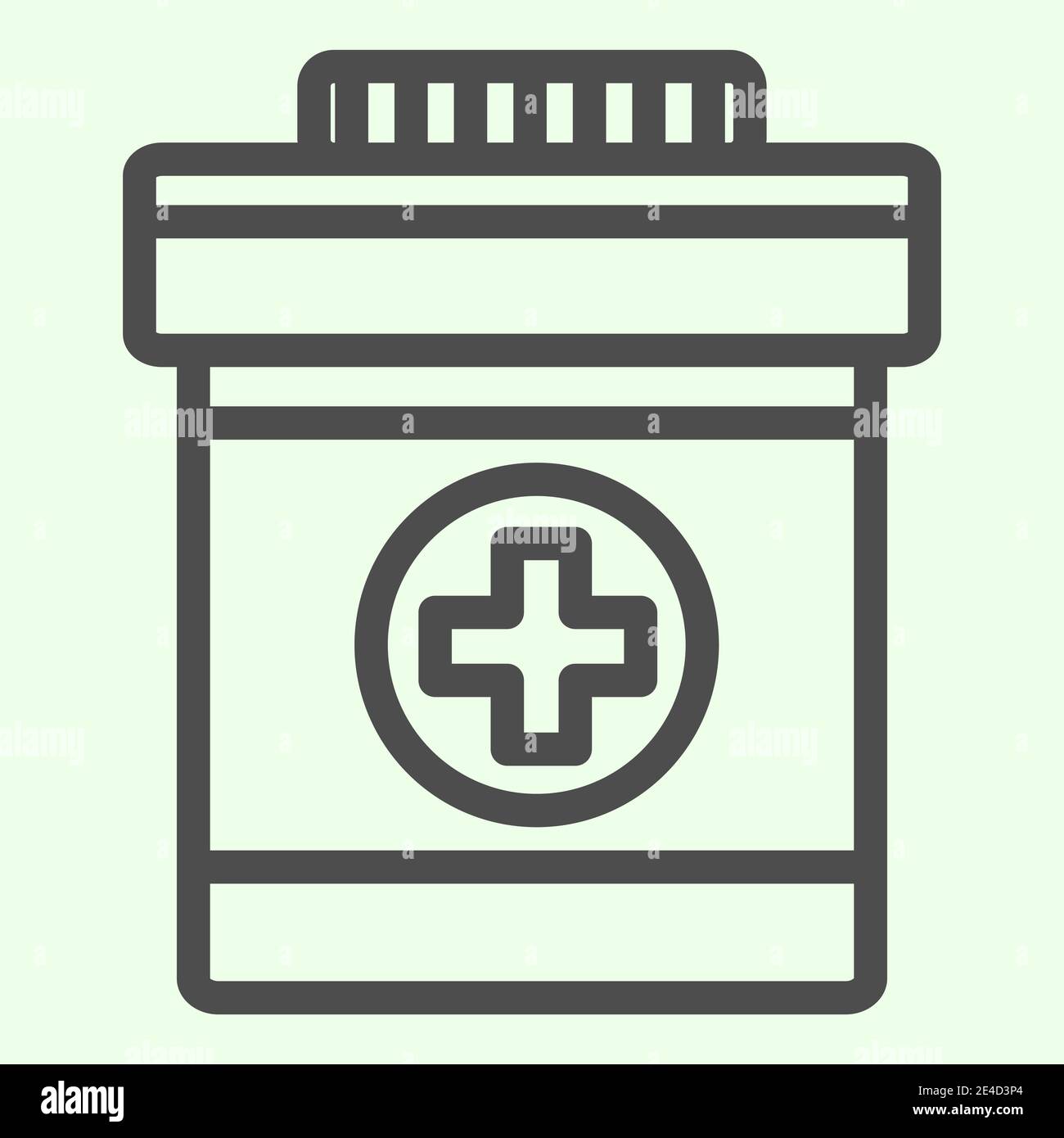 Drug bottle line icon. Bottle with cross for pills or vitamins outline ...