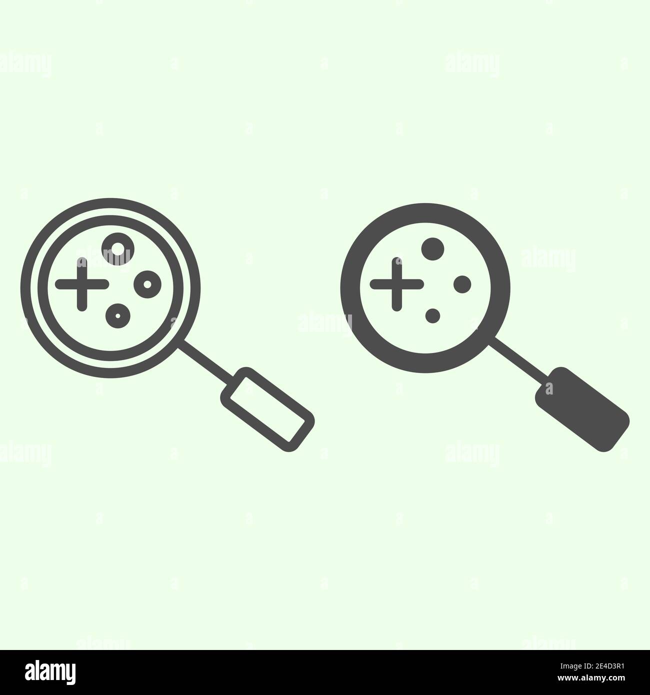 Search tool line and solid icon. Magnifying glass lens with bacterias ...