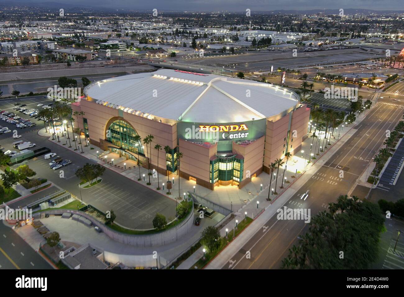 An aerial view of the Honda Center, Friday, Jan. 22, 2021, in Anaheim ...