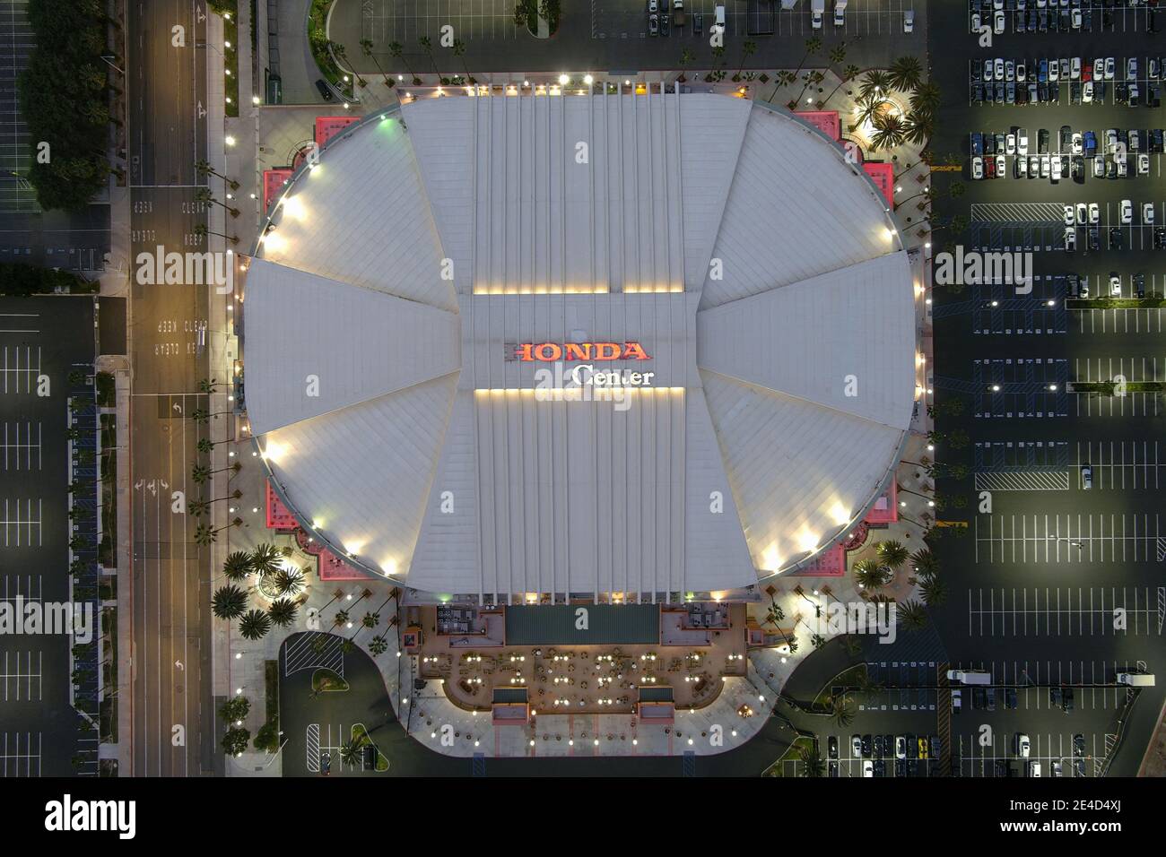 An aerial view of the Honda Center, Friday, Jan. 22, 2021, in Anaheim ...