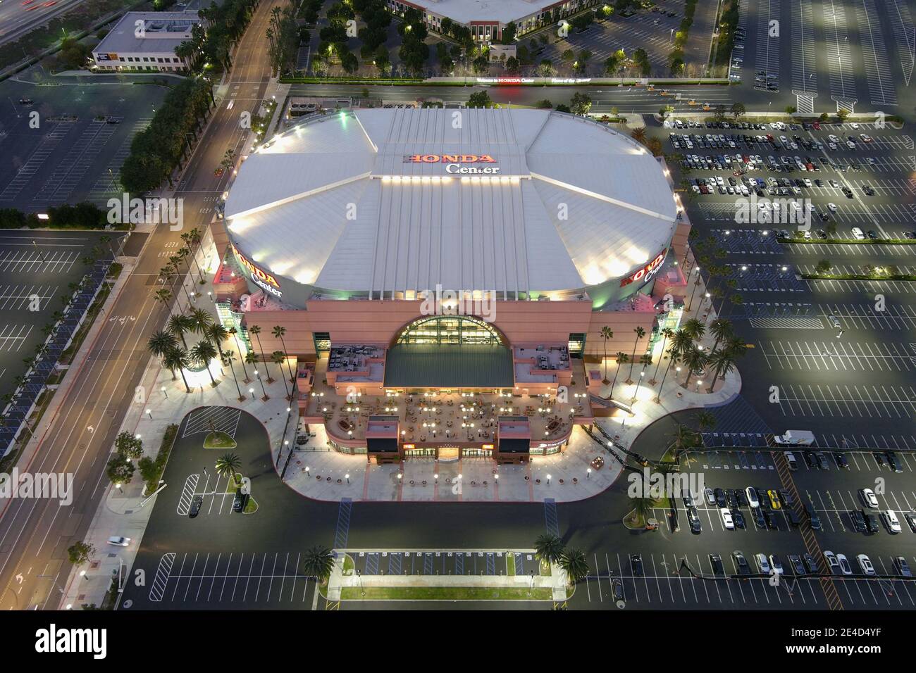 An aerial view of the Honda Center, Friday, Jan. 22, 2021, in Anaheim ...