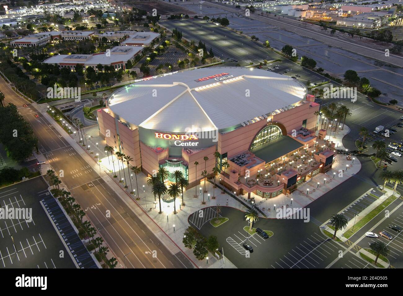 An aerial view of the Honda Center, Friday, Jan. 22, 2021, in Anaheim ...