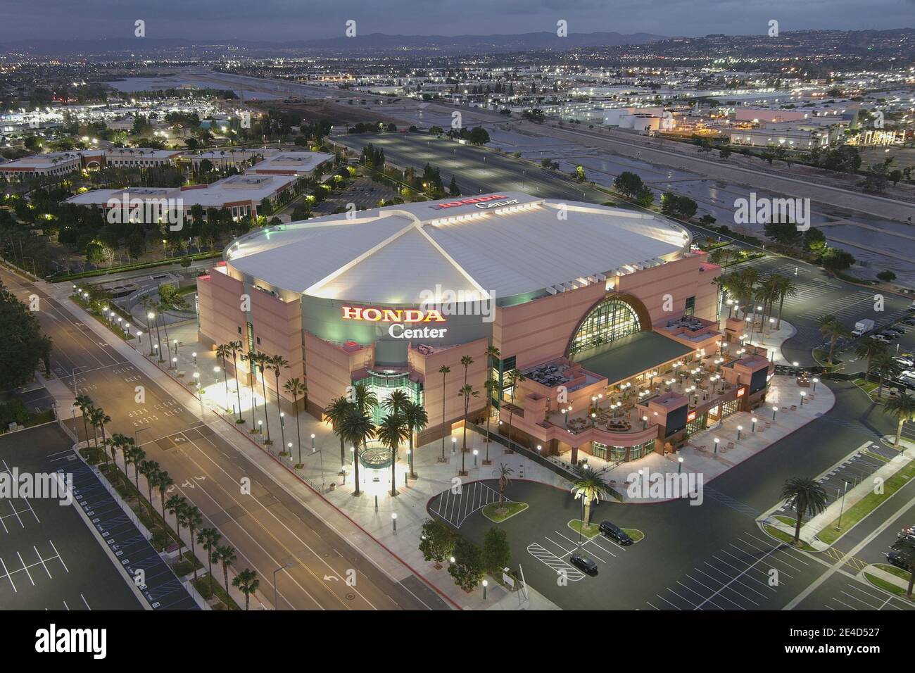 An aerial view of the Honda Center, Friday, Jan. 22, 2021, in Anaheim ...
