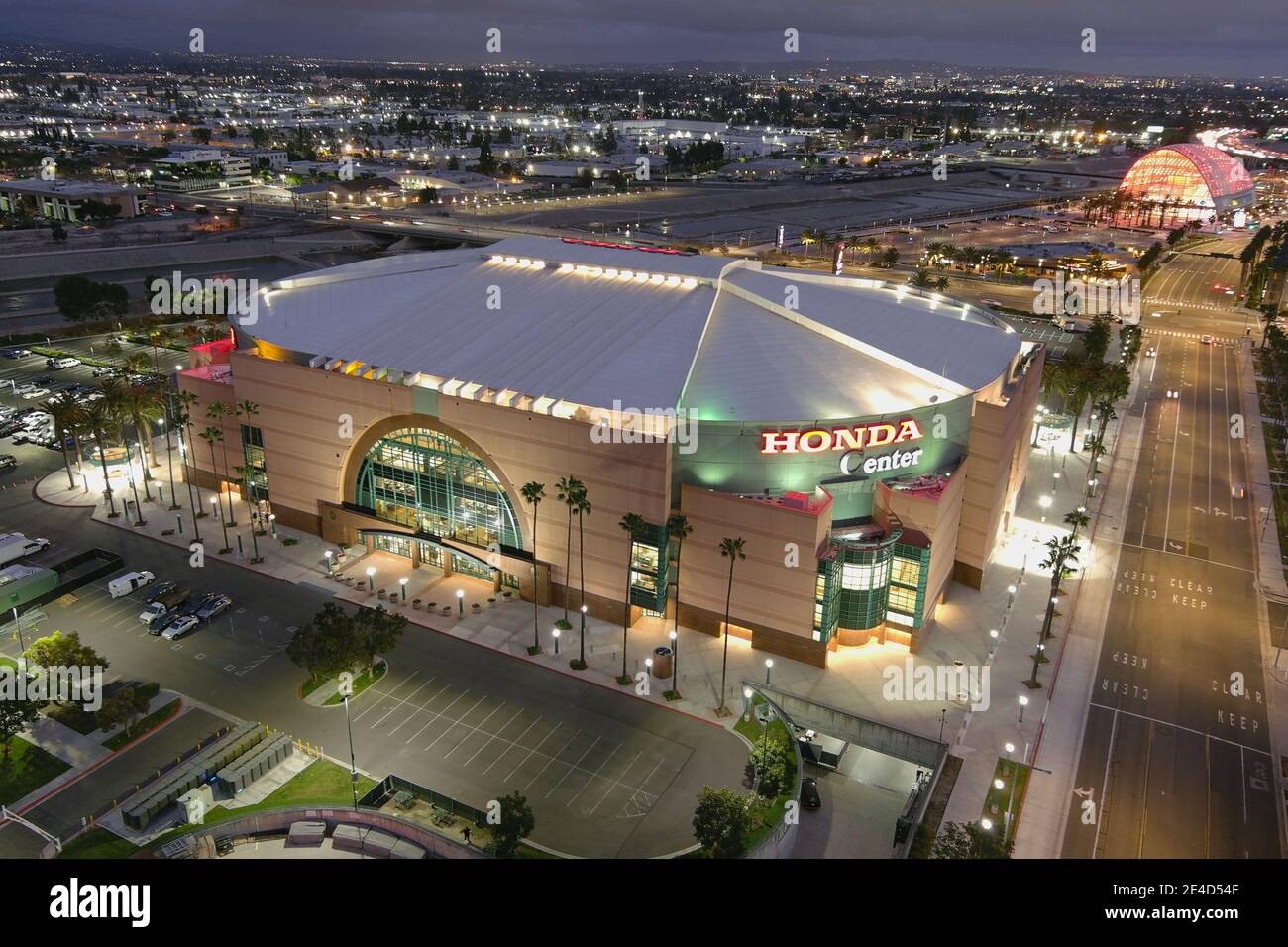 An aerial view of the Honda Center, Friday, Jan. 22, 2021, in Anaheim ...