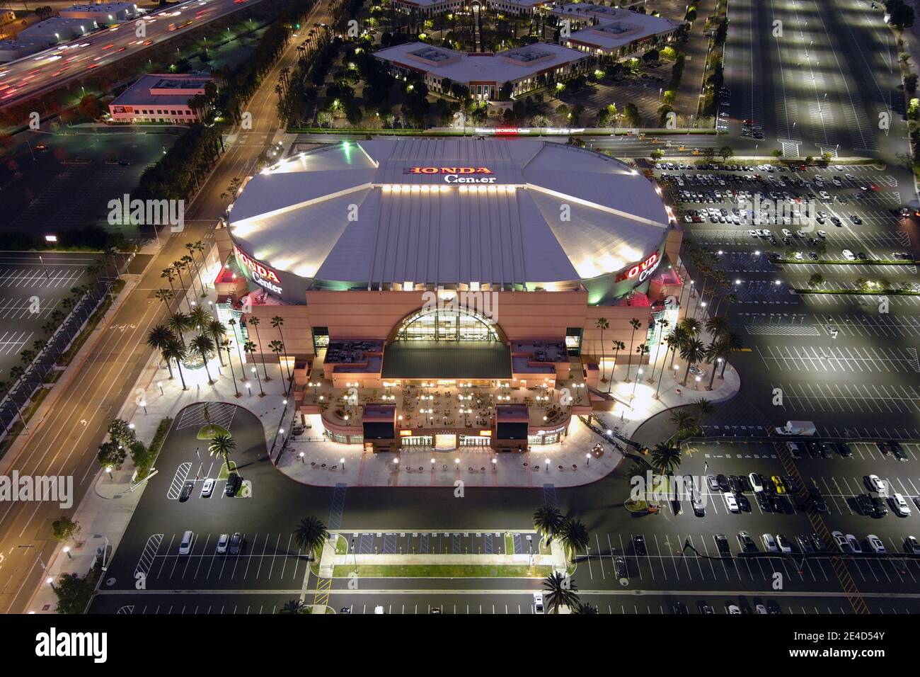 An aerial view of the Honda Center, Friday, Jan. 22, 2021, in Anaheim ...