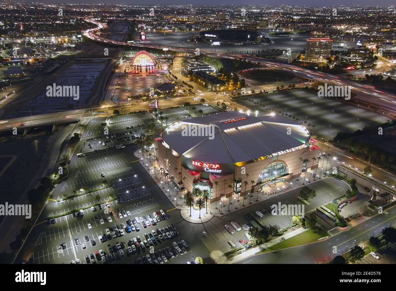 An aerial view of the Honda Center, Friday, Jan. 22, 2021, in Anaheim ...