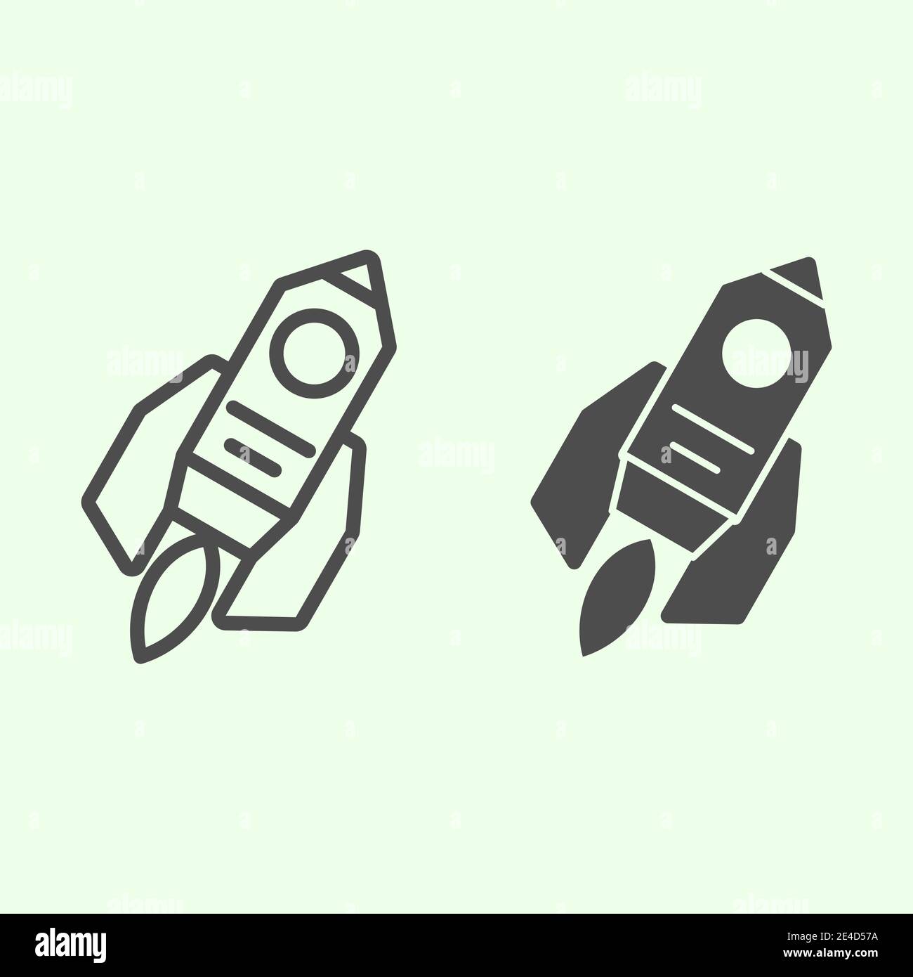 Rocket line and solid icon. Cosmic space ship flying with fire outline ...