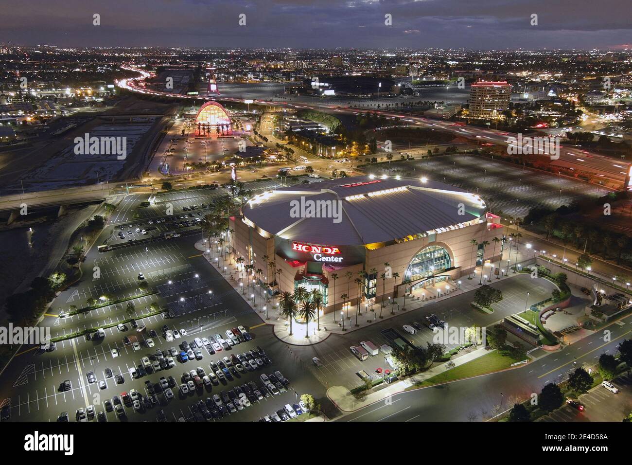 An aerial view of the Honda Center, Friday, Jan. 22, 2021, in Anaheim ...
