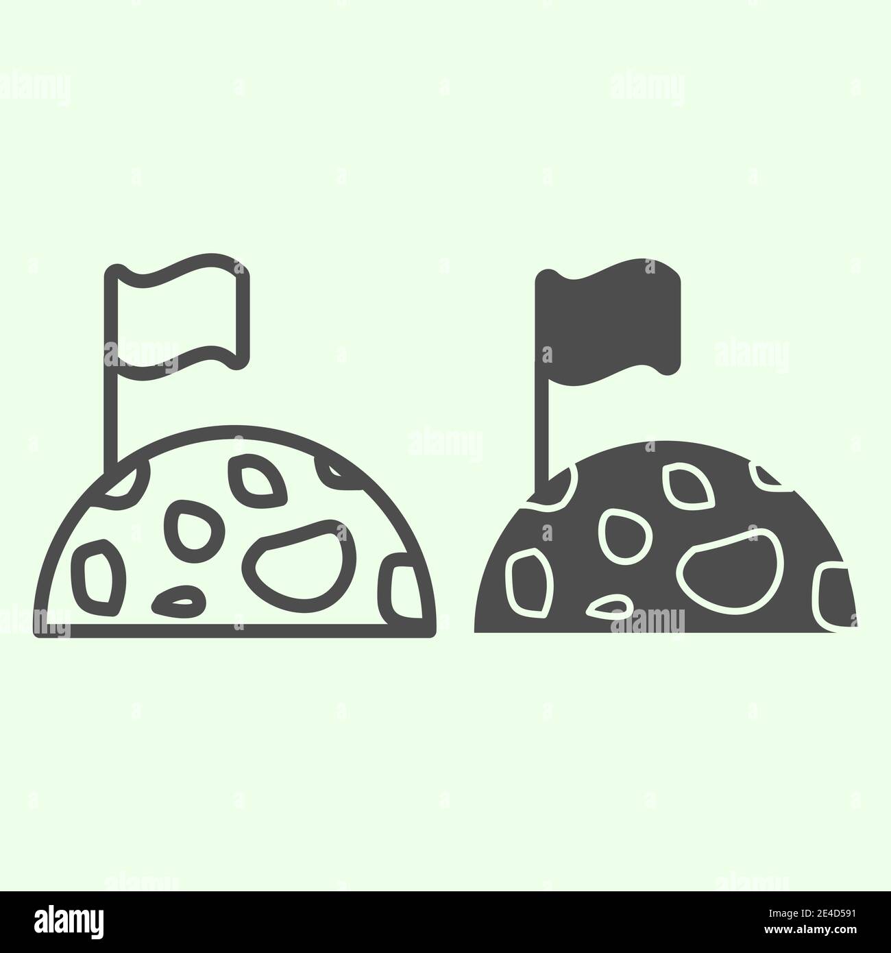 Moon line and solid icon. Moon with surface craters and flag on top ...