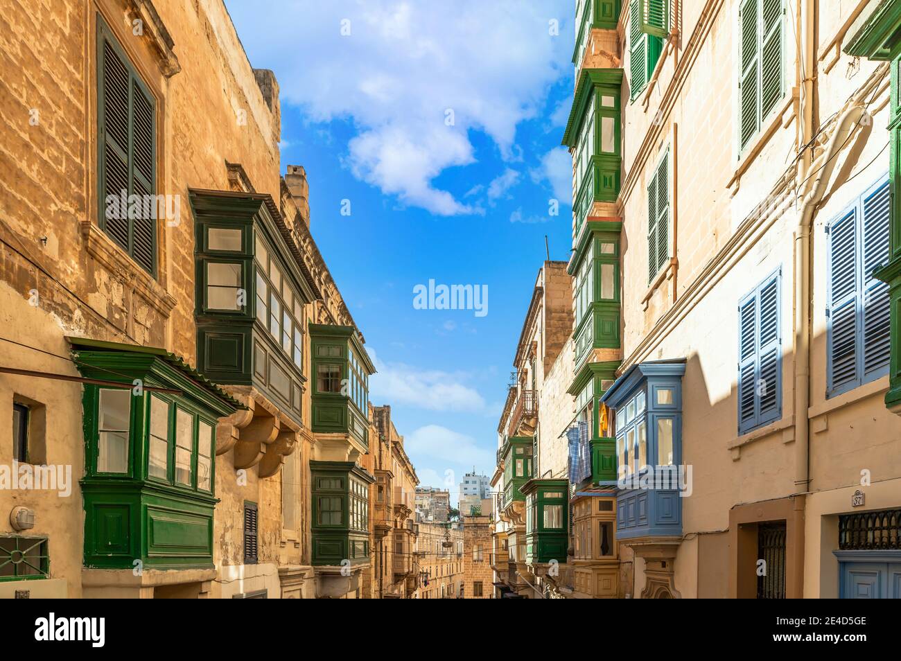 Facade and typical windows of houses, in Valletta on the island of ...