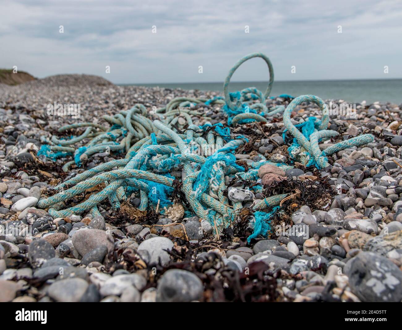 Some old blue rope lies on the beach, rope debris lies between stones ...
