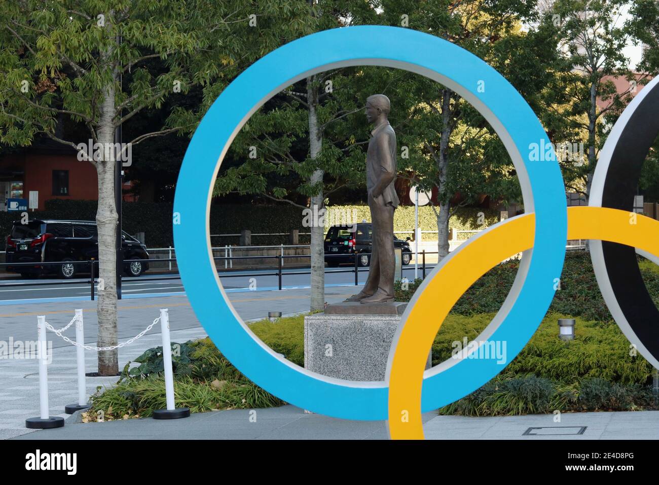 Statue of Modern Olympics-founder Pierre de Coubertin seen through ...