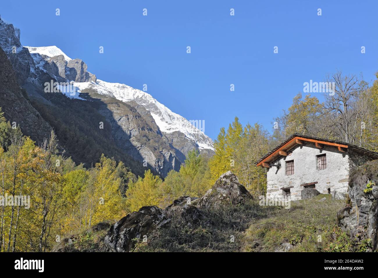 traditional alpine cottage in mountain landscape under blue sky Stock ...