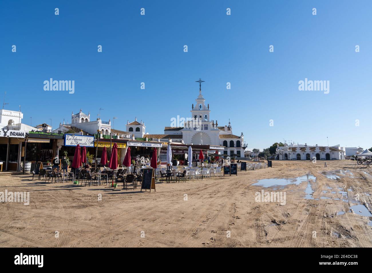 El Rocio, Spain - 9 January 2021: town square of El Rocio and the ...