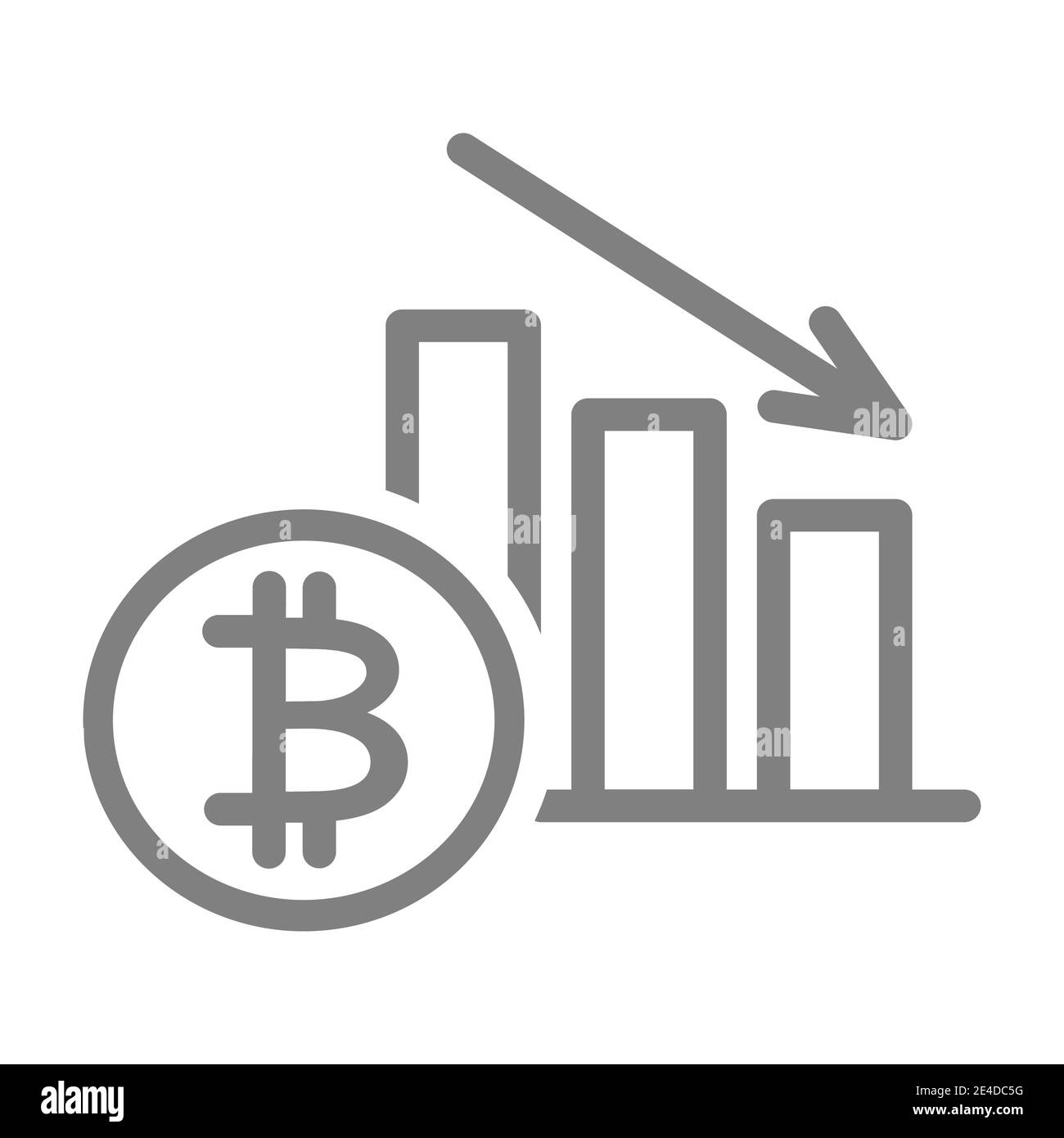 Bitcoin rate decrease line icon. Cryptocurrency graphic down vector illustration isolated on ...