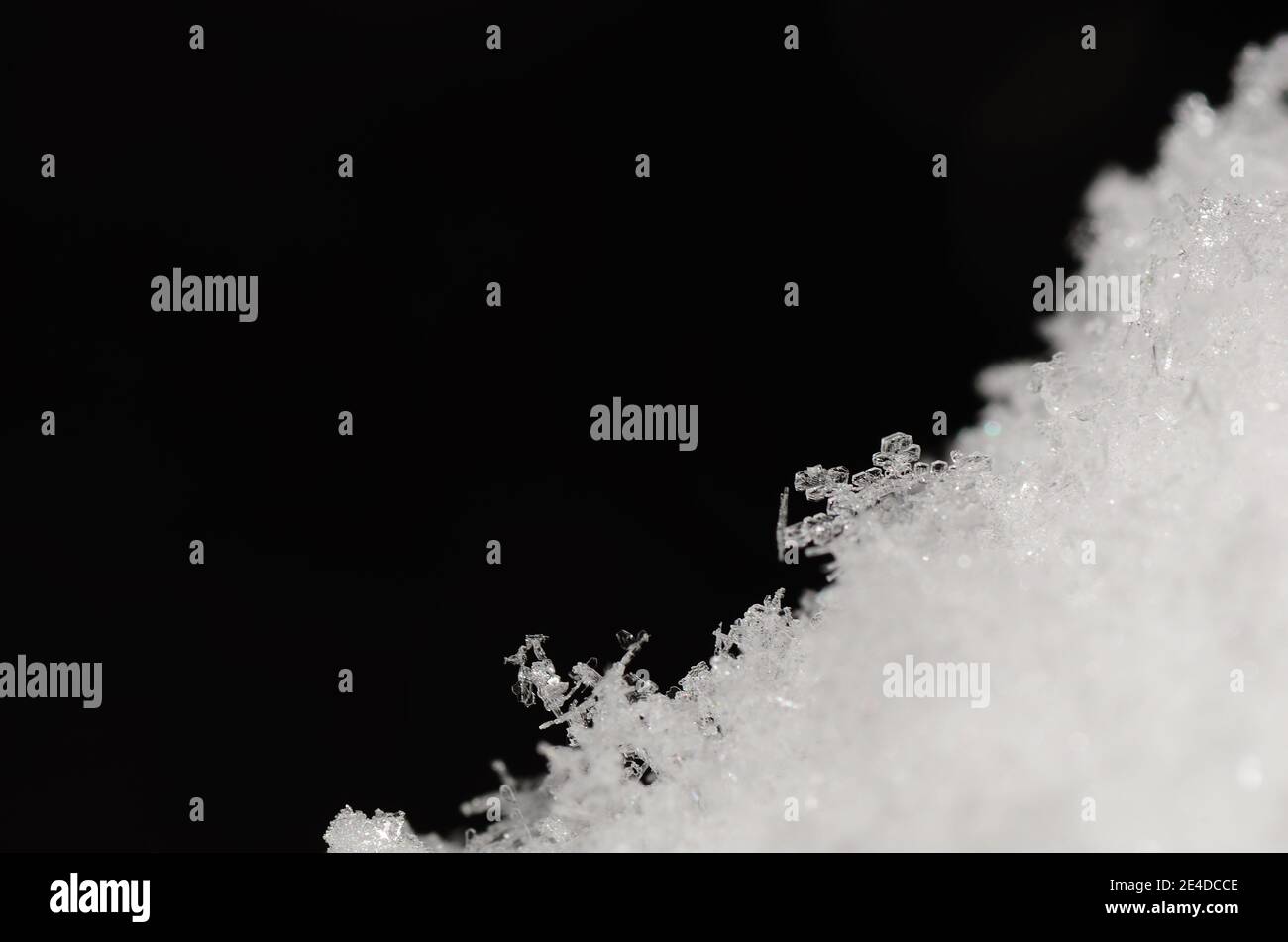 Crystals in the snow on black background oblique Stock Photo - Alamy