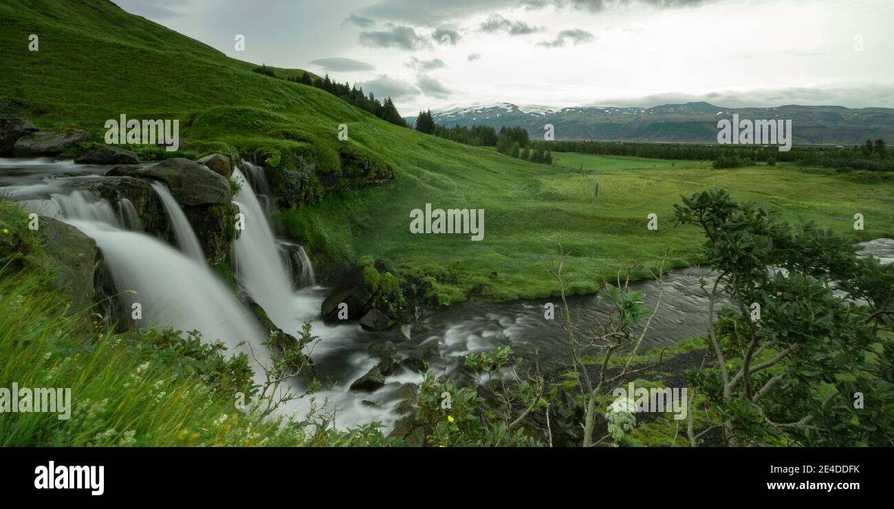 Panoramic view of beautiful icelandic landscape and the Gluggafoss ...