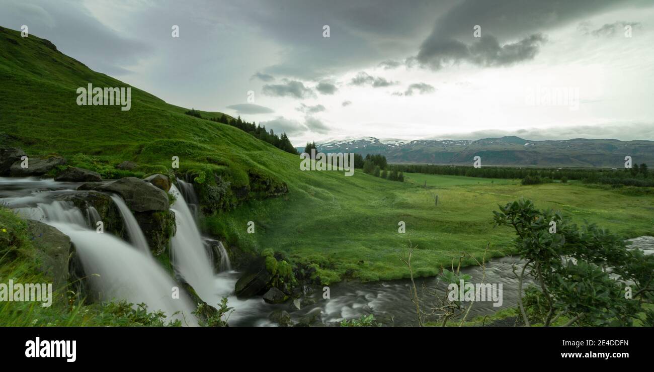 Panoramic view of beautiful icelandic landscape and the Gluggafoss ...