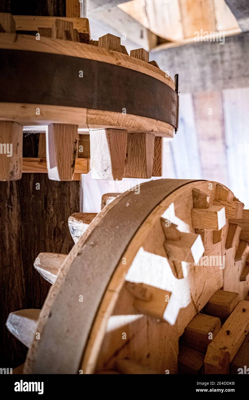Radars and rotating parts of a traditional wooden windmill for grinding ...