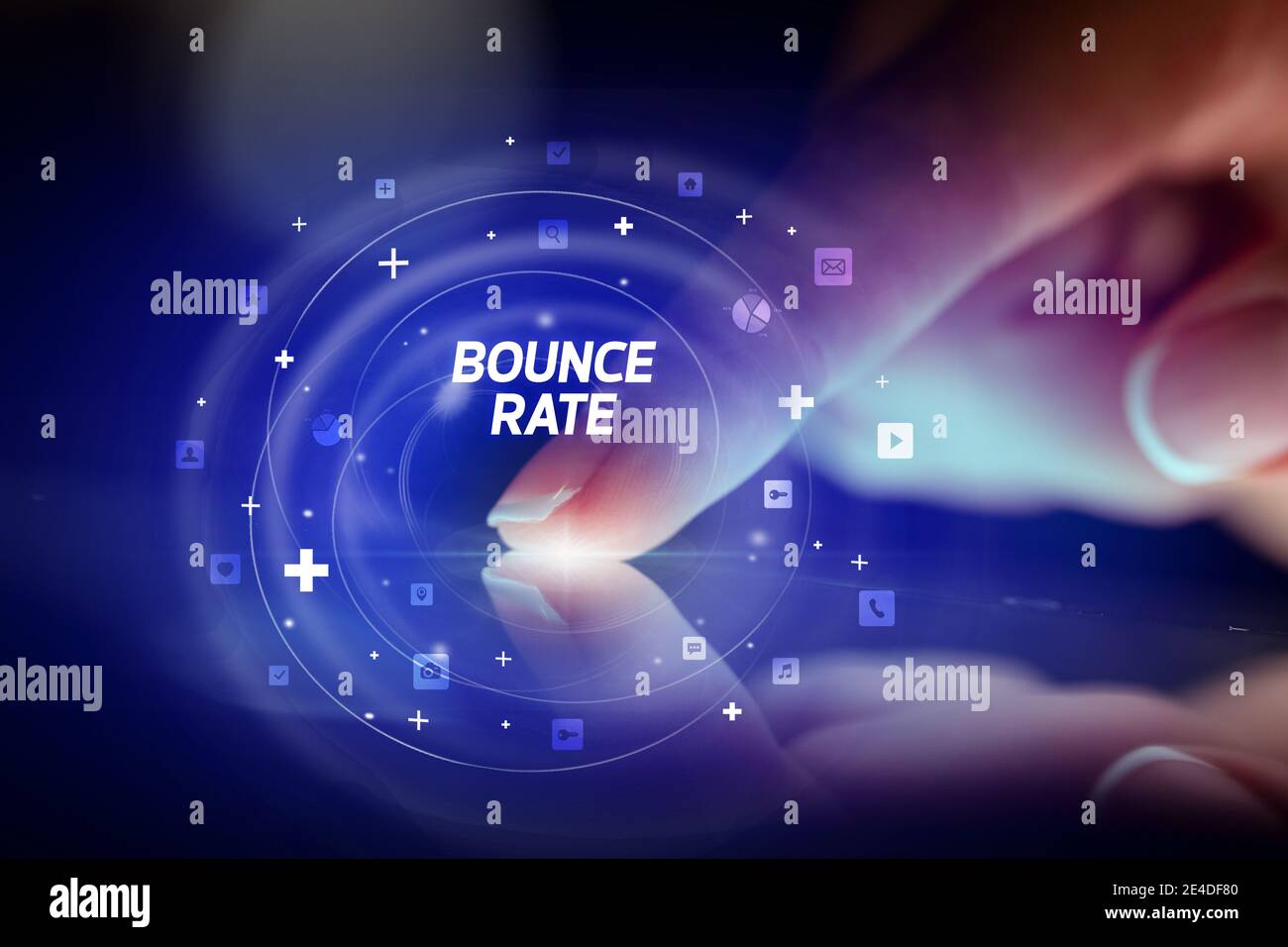 Finger touching tablet with social media icons and BOUNCE RATE Stock ...