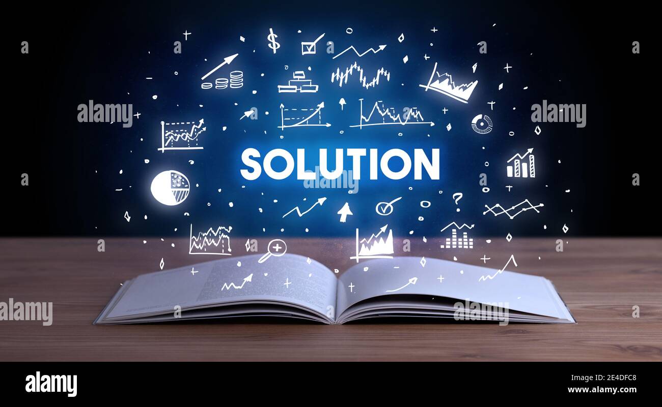 SOLUTION inscription coming out from an open book, business concept ...