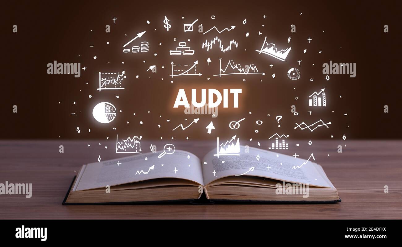AUDIT inscription coming out from an open book, business concept Stock ...