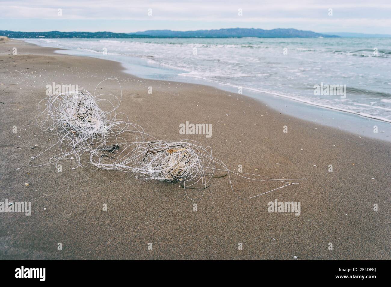 plastic string washed up on a beach. You see the environmental problem ...