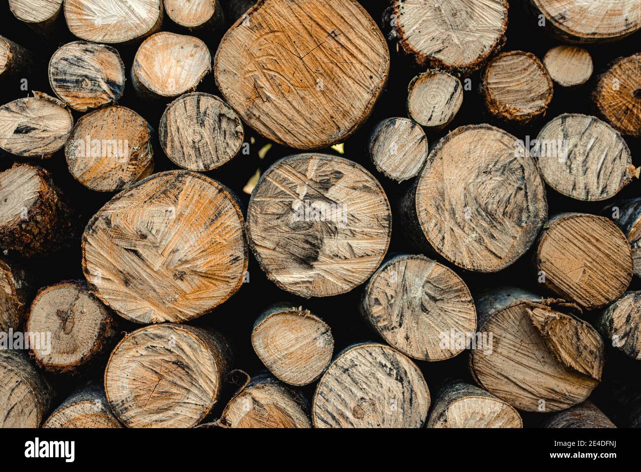 Background of stacked logs forming a wall, environmental ecology ...