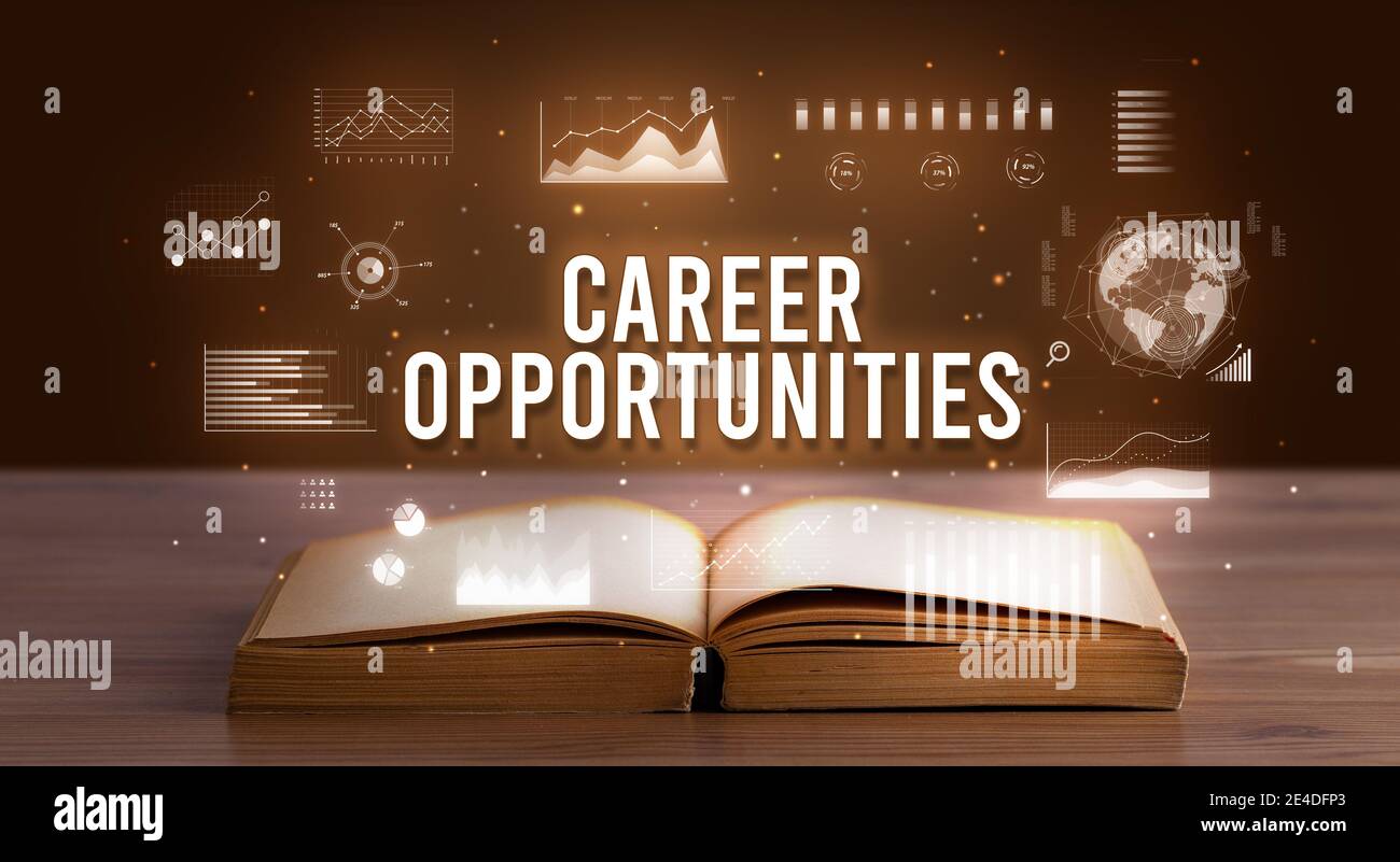 CAREER OPPORTUNITIES inscription coming out from an open book, creative ...