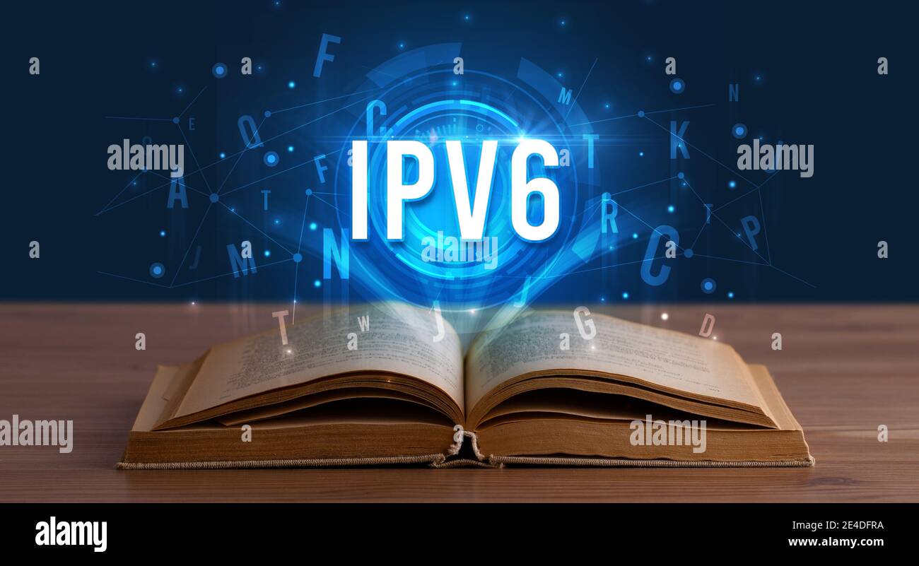 IPV6 inscription coming out from an open book, digital technology ...