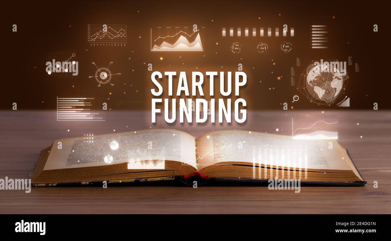 STARTUP FUNDING inscription coming out from an open book, creative ...