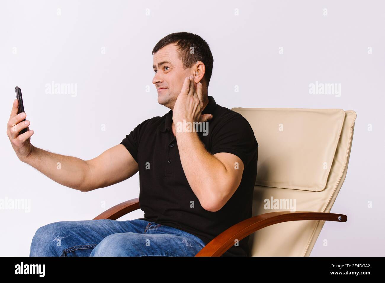 Hearing impaired man communicates by video call gestures sign language ...