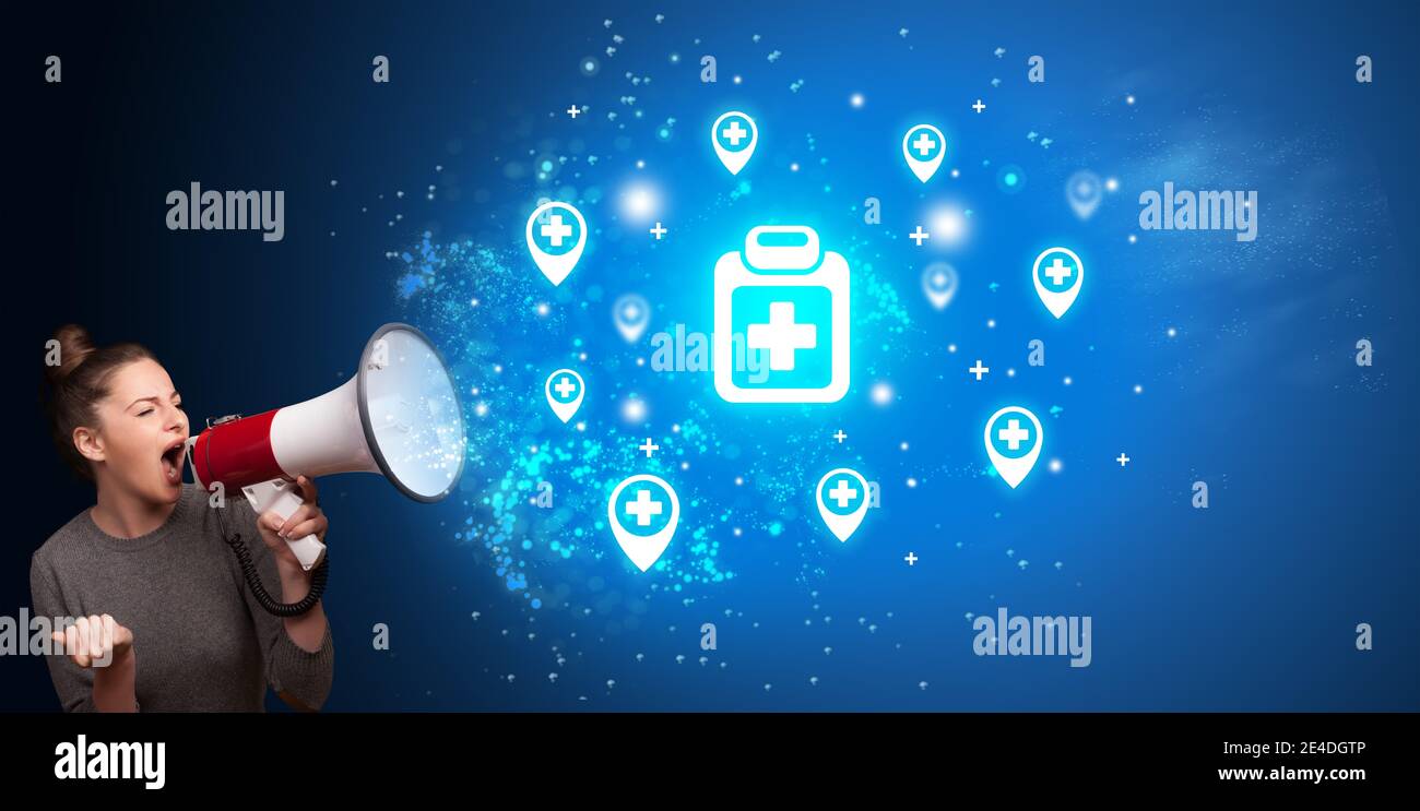 Young person shouting in megaphone and first aid kit icon, medical ...