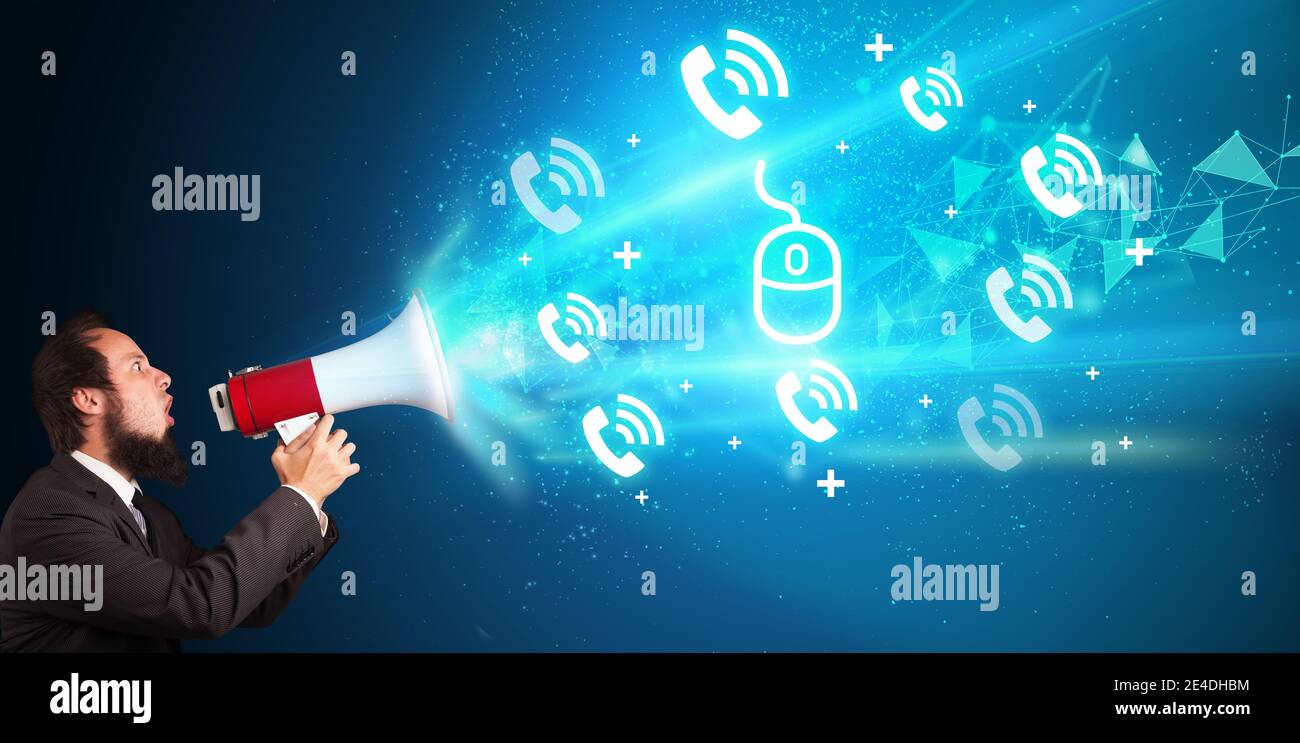 Young person yelling in loudspeaker with mouse icon, modern technology ...