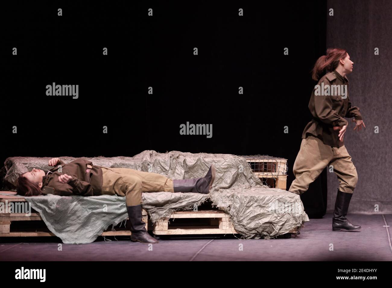 Actors in military uniforms of the Soviet army of World War II play a ...