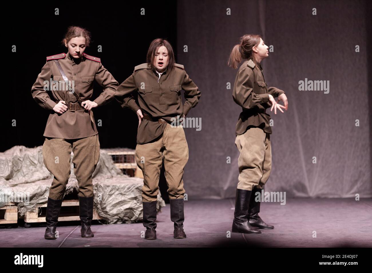 Actors in military uniforms of the Soviet army of World War II play a ...