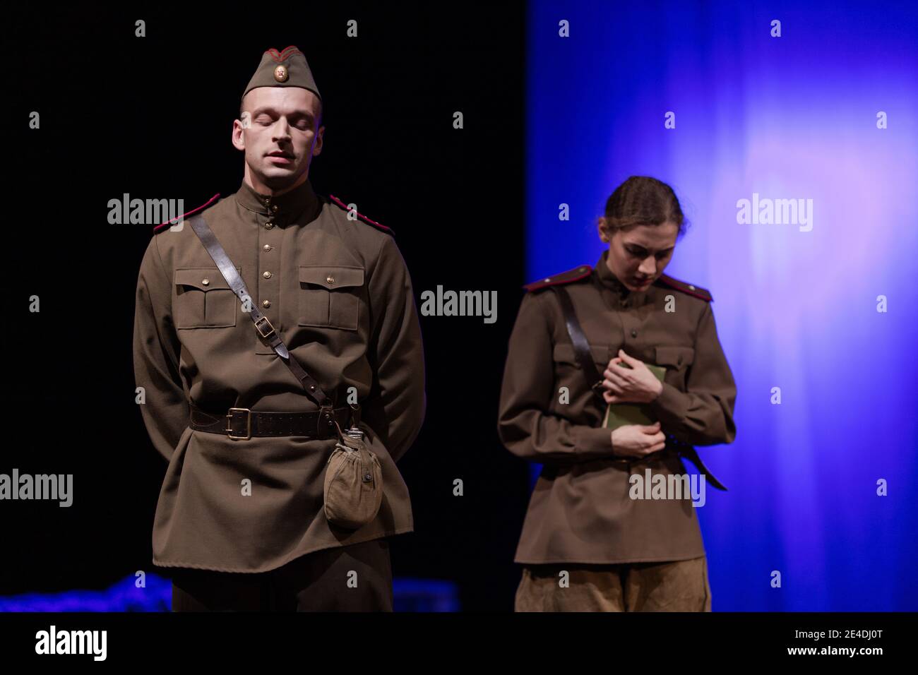Actors in military uniforms of the Soviet army of World War II play a ...
