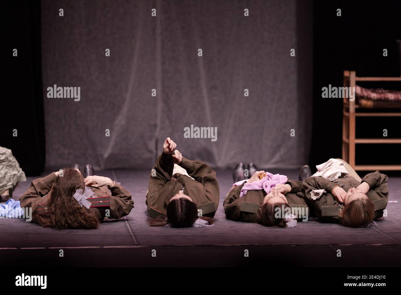 Actors in military uniforms of the Soviet army of World War II play a ...