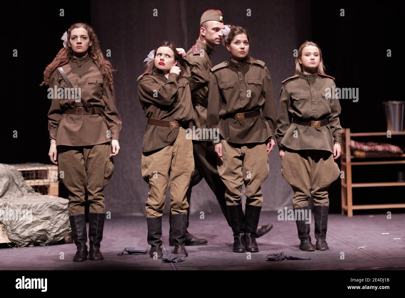 Actors in military uniforms of the Soviet army of World War II play a ...