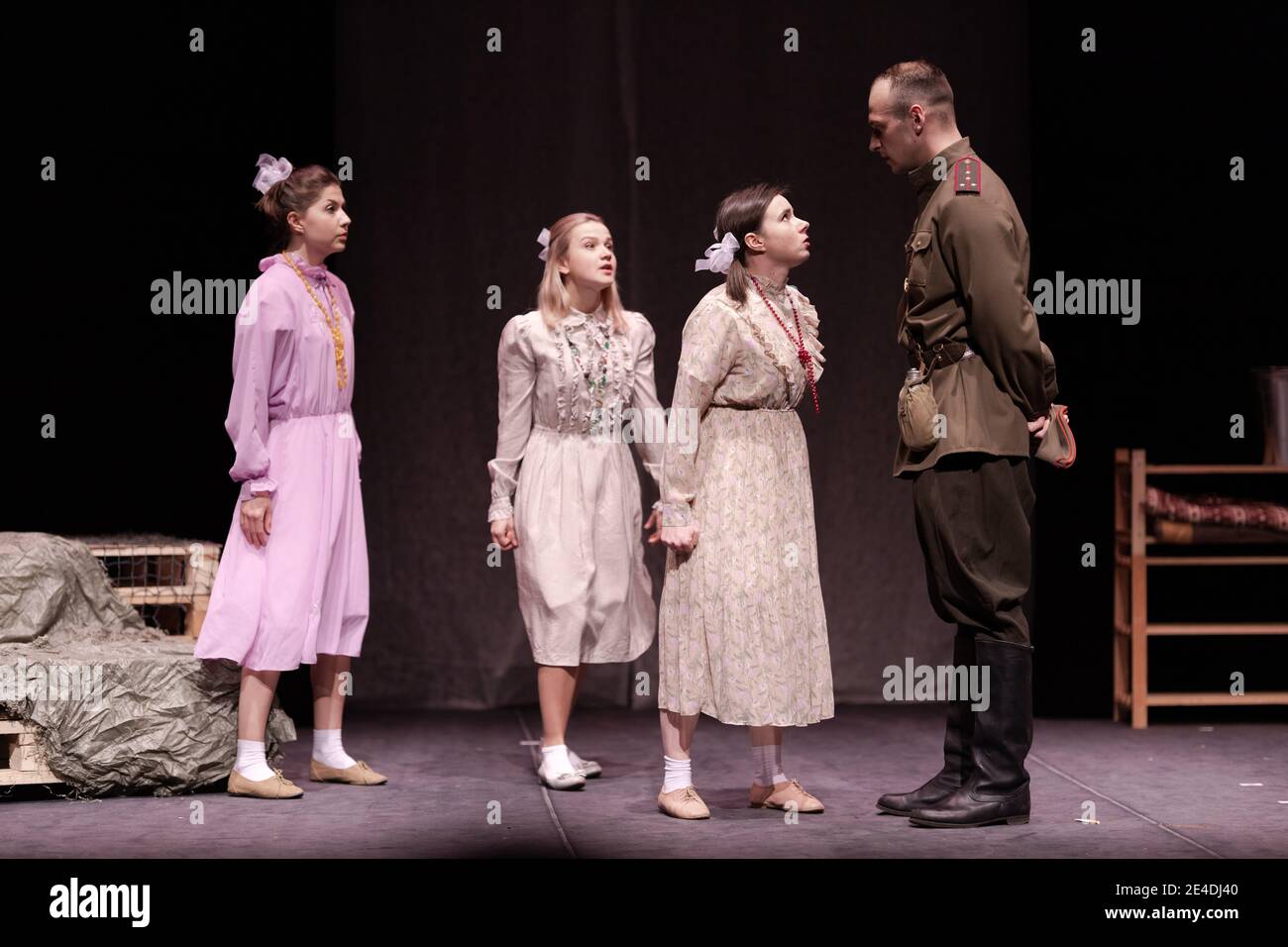 Actors in military uniforms of the Soviet army of World War II play a ...