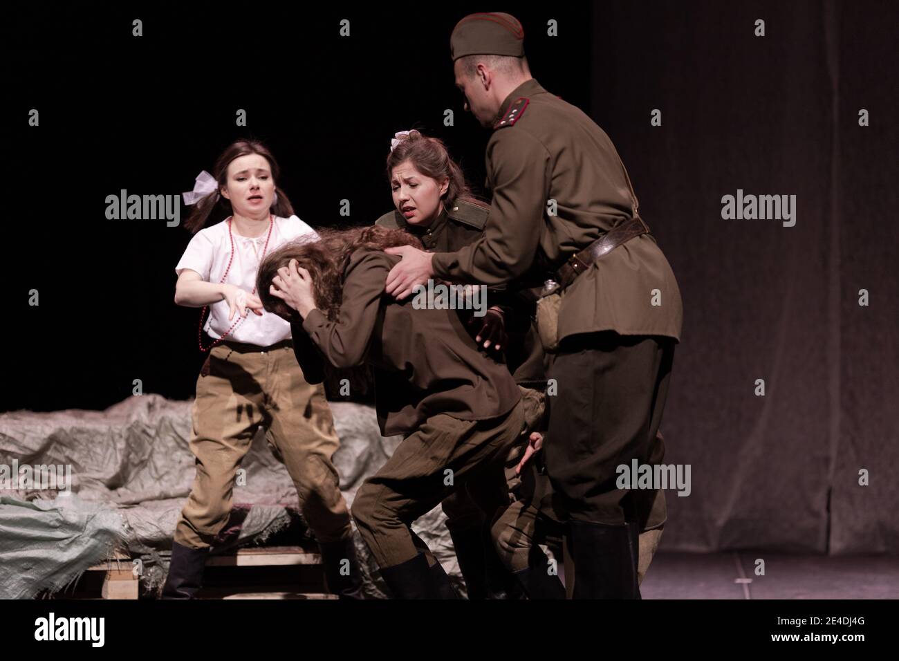 Actors in military uniforms of the Soviet army of World War II play a ...