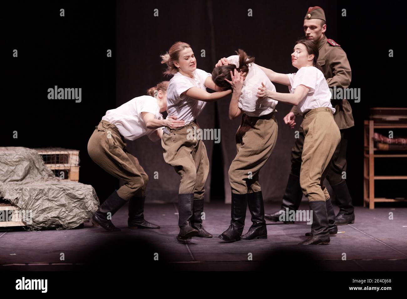 Actors in military uniforms of the Soviet army of World War II play a ...