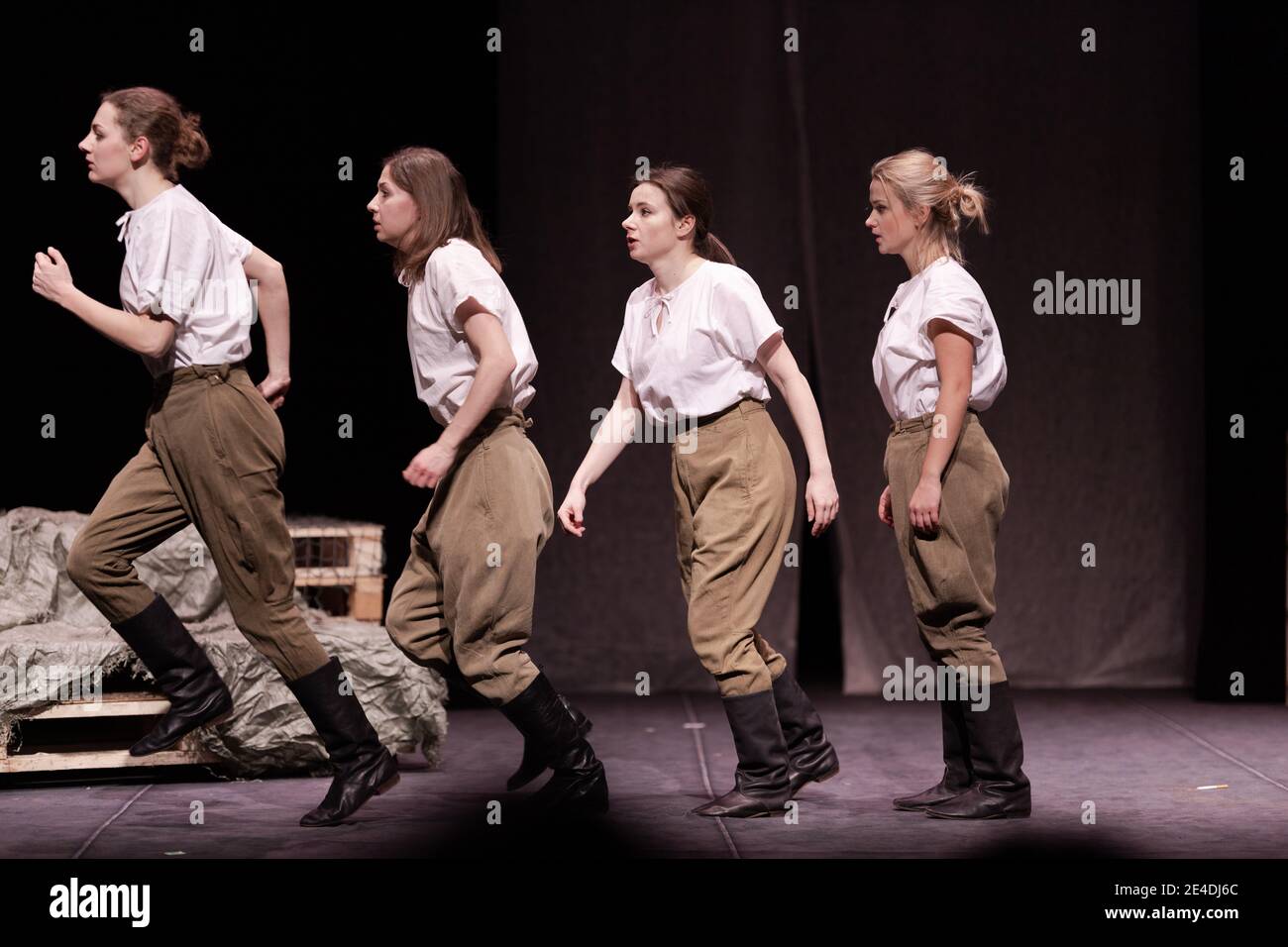 Actors in military uniforms of the Soviet army of World War II play a ...