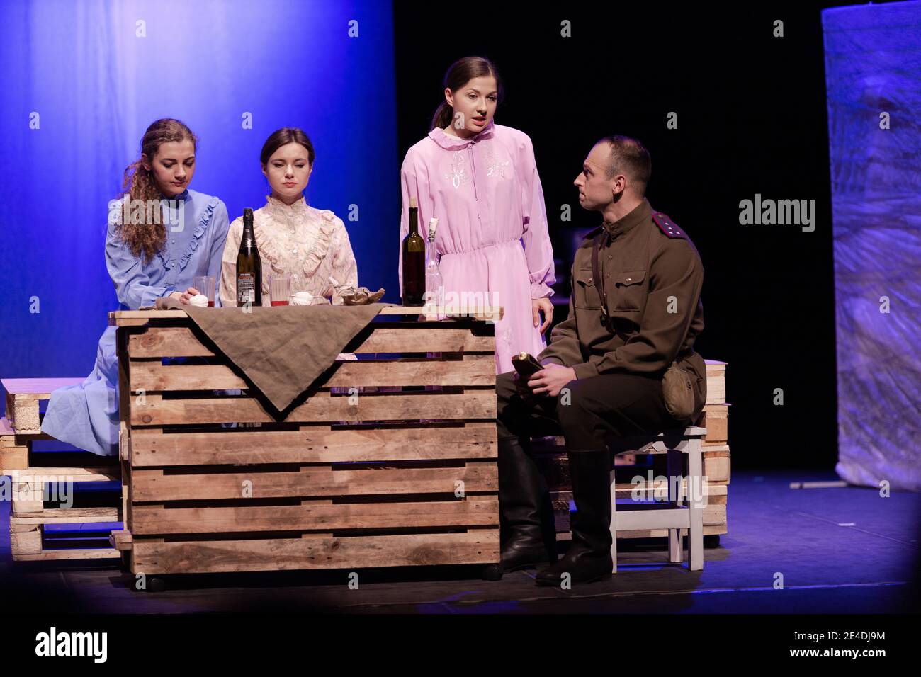 Actors in military uniforms of the Soviet army of World War II play a ...