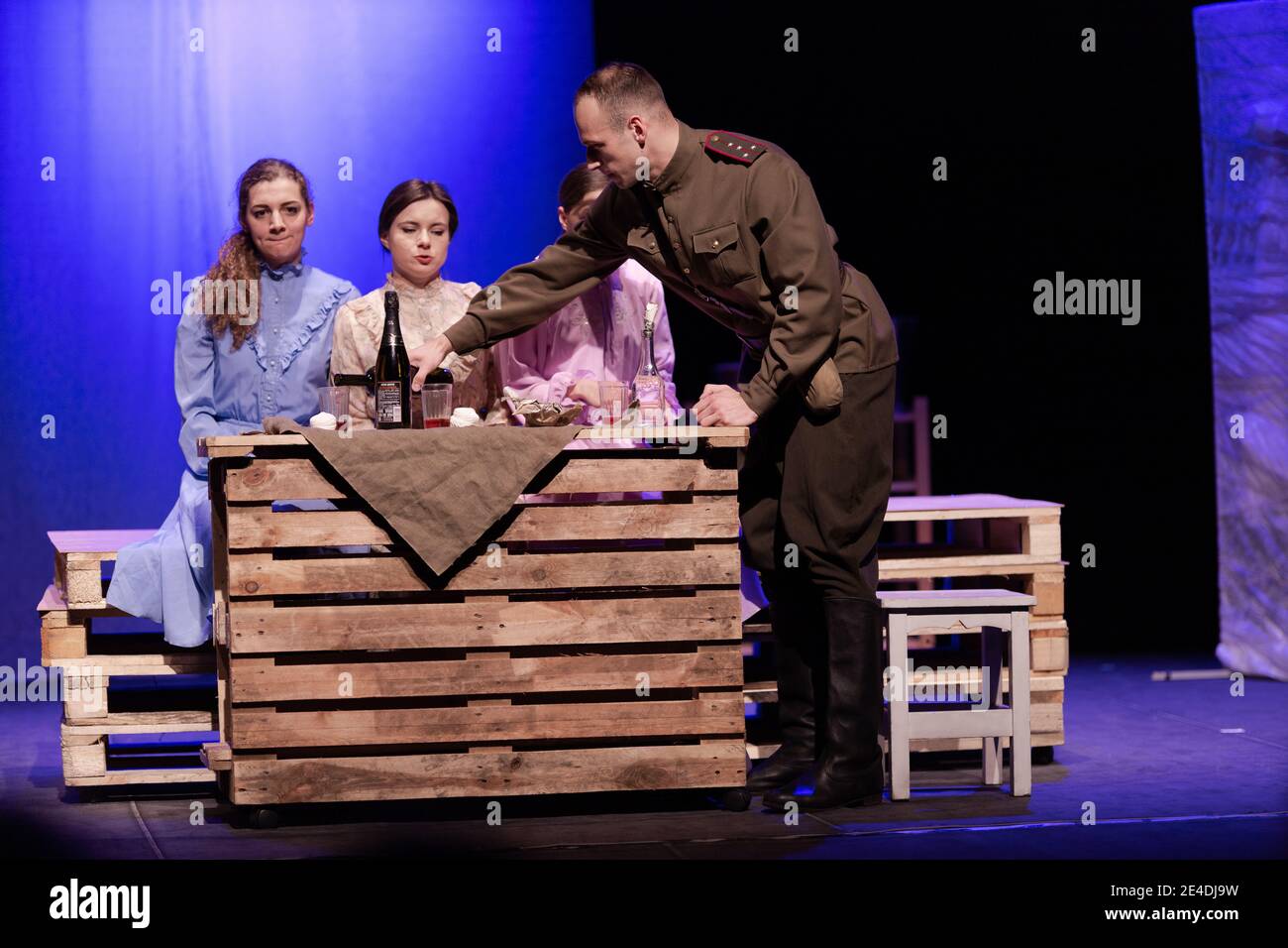 Actors in military uniforms of the Soviet army of World War II play a ...