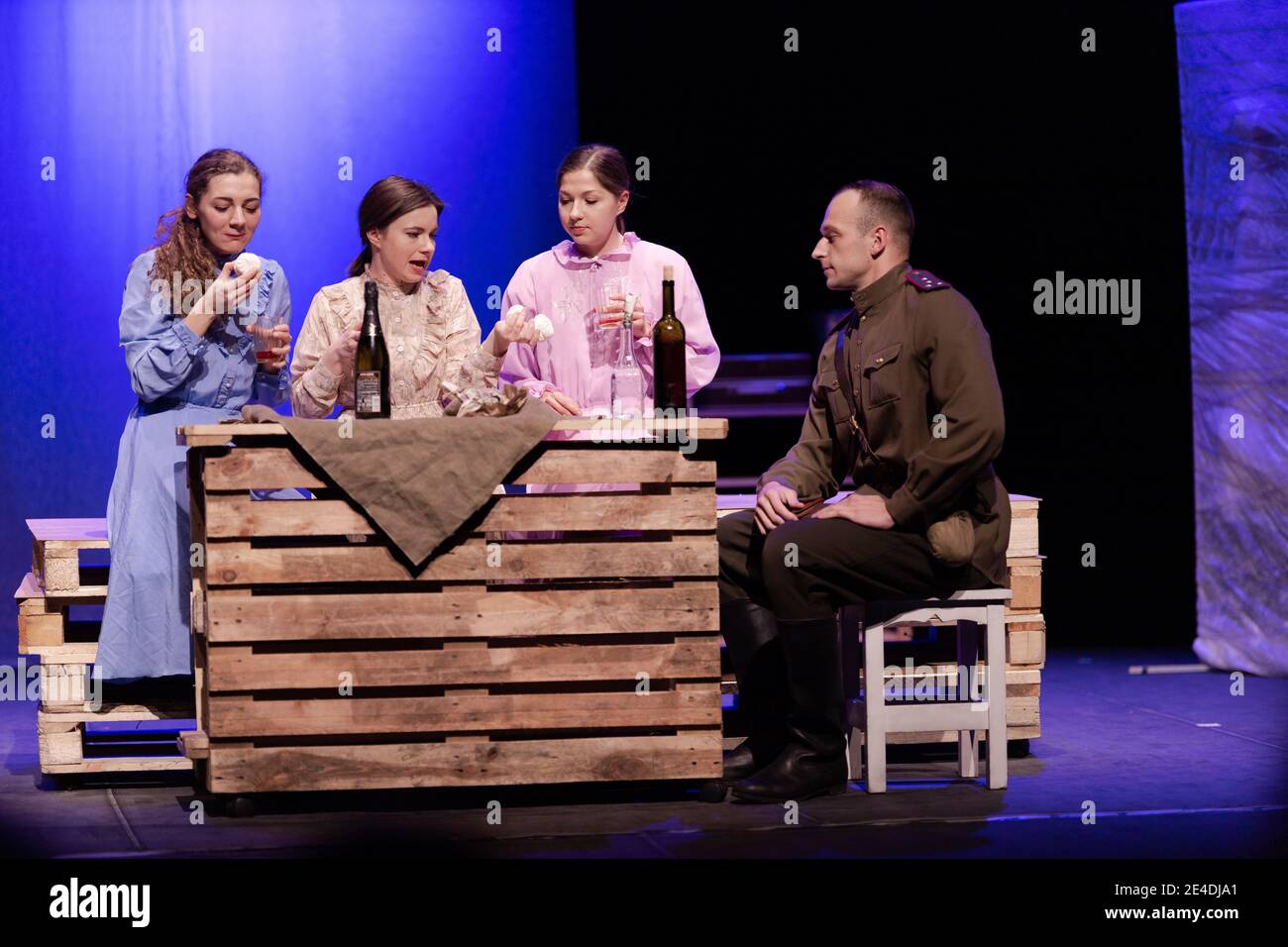 Actors in military uniforms of the Soviet army of World War II play a ...