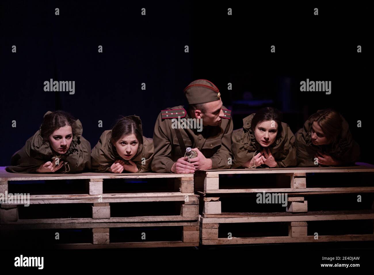 Actors in military uniforms of the Soviet army of World War II play a ...