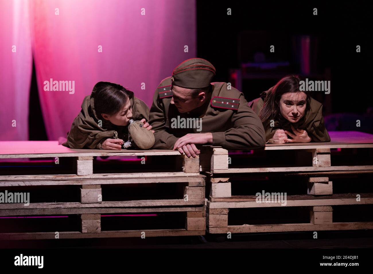 Actors in military uniforms of the Soviet army of World War II play a ...