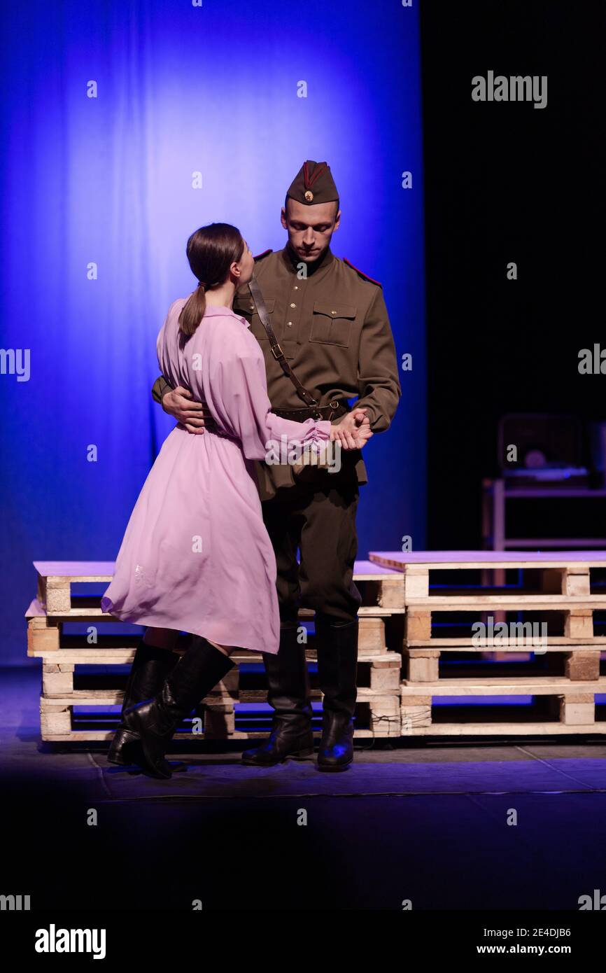Actors in military uniforms of the Soviet army of World War II play a ...